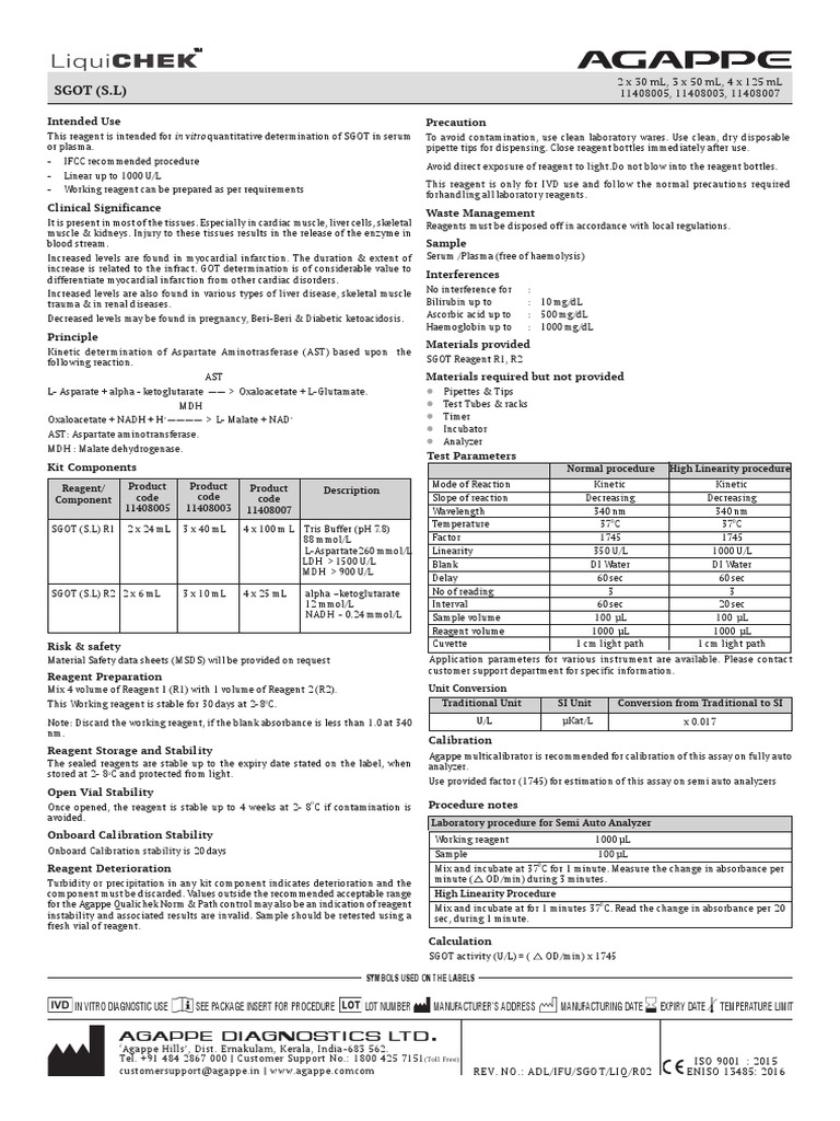 Sgot (S.L) : Agappe Diagnostics LTD | PDF | Medical Specialties ...