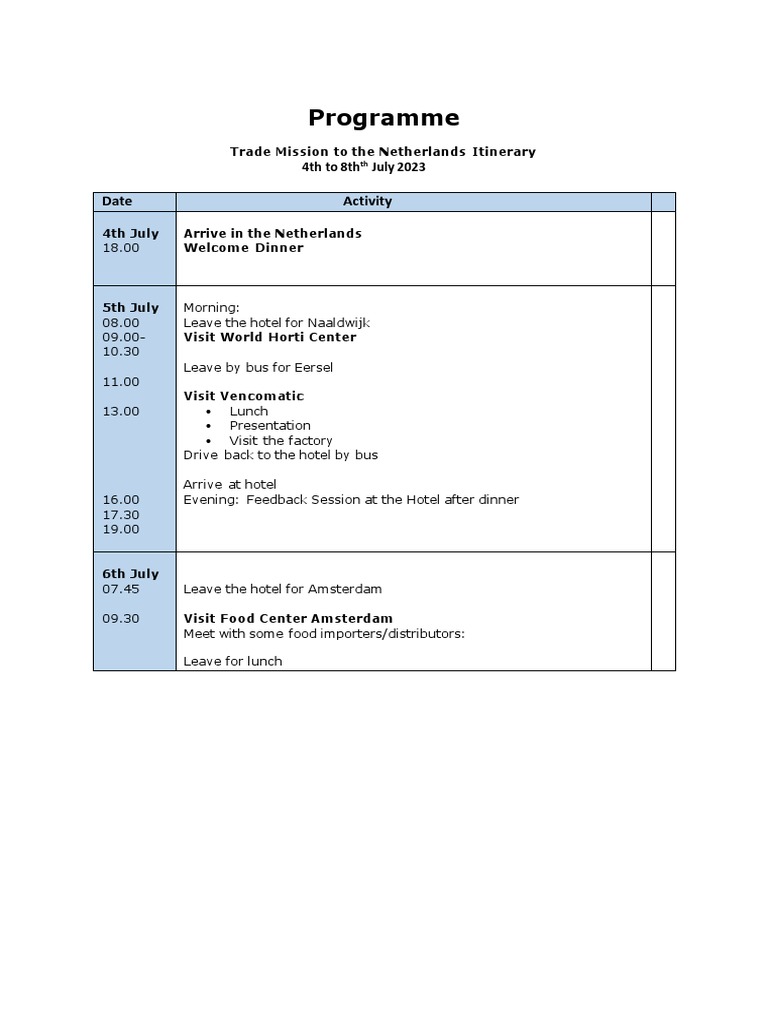 Netherlands Trade Mission Itinerary 2023 | PDF