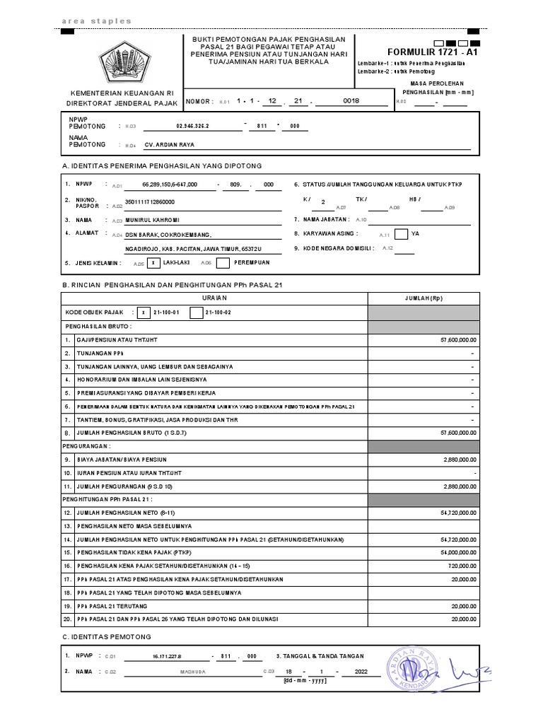Contoh Formulir 1721 A1 PPh 21 | PDF