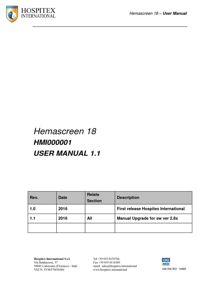 HMI000001 Hemascreen 18 User Manual 1.1 | PDF
