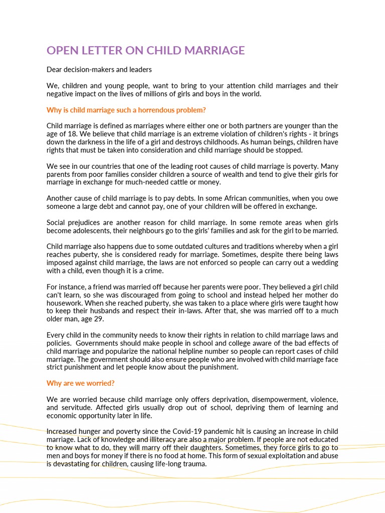 Open Letter on Child Marriage | PDF | Child Marriage | Marriage