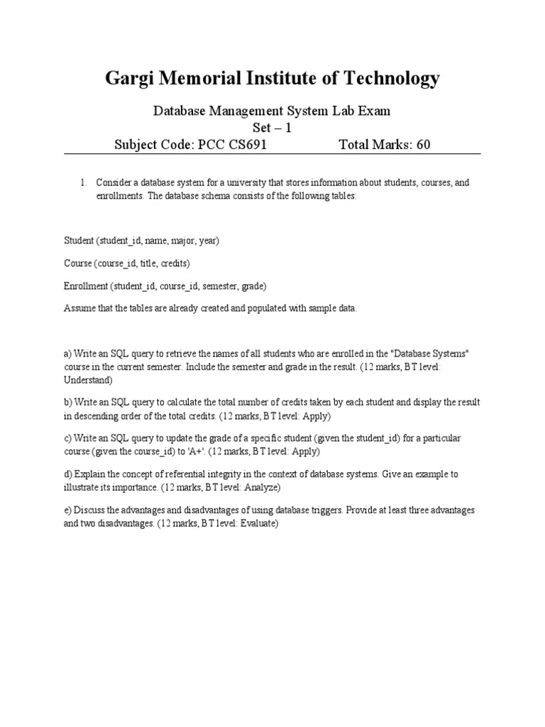 DBMS Lab Question | PDF | Databases | Sql DBMS Lab Question | PDF | Databases | Sql