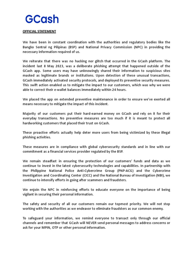 GCash Official-Statement | PDF | Security | Computer Security
