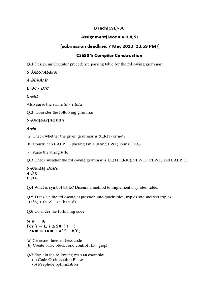 Compiler Construction - 3C - Assignment - 3+4+5 Module | PDF Compiler Construction - 3C - Assignment - 3+4+5 Module | PDF