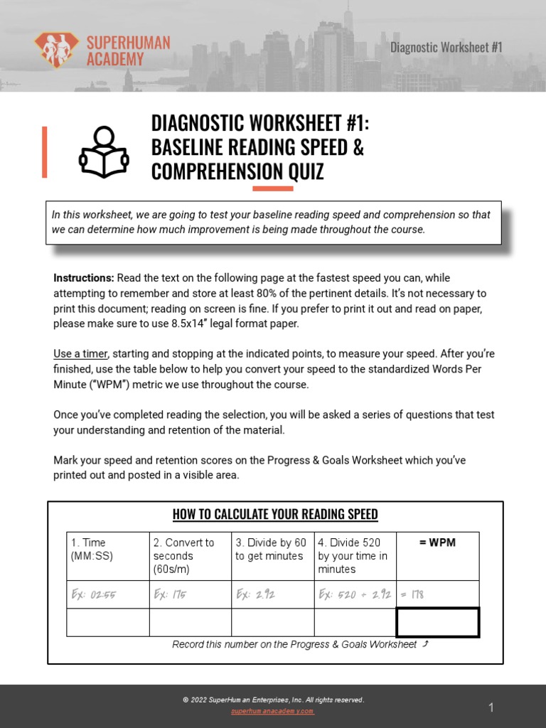 Diagnostic Worksheet #1: Baseline Reading Speed & Comprehension Quiz ...