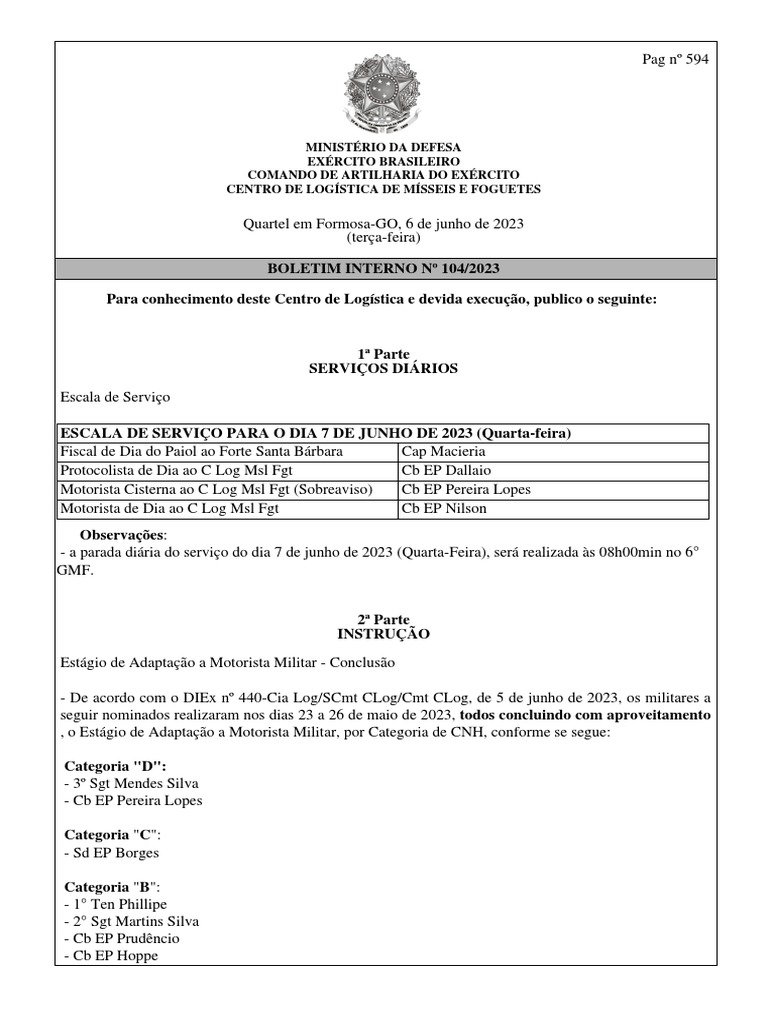 2023-06-06 - O - 104 - Boletim - Interno (Padrinho) | PDF | Férias ...