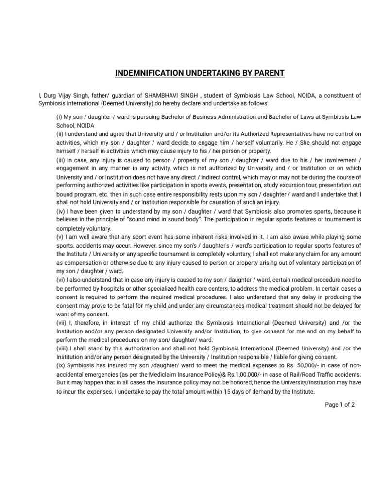 Indemnification Undertaking by Parent | PDF