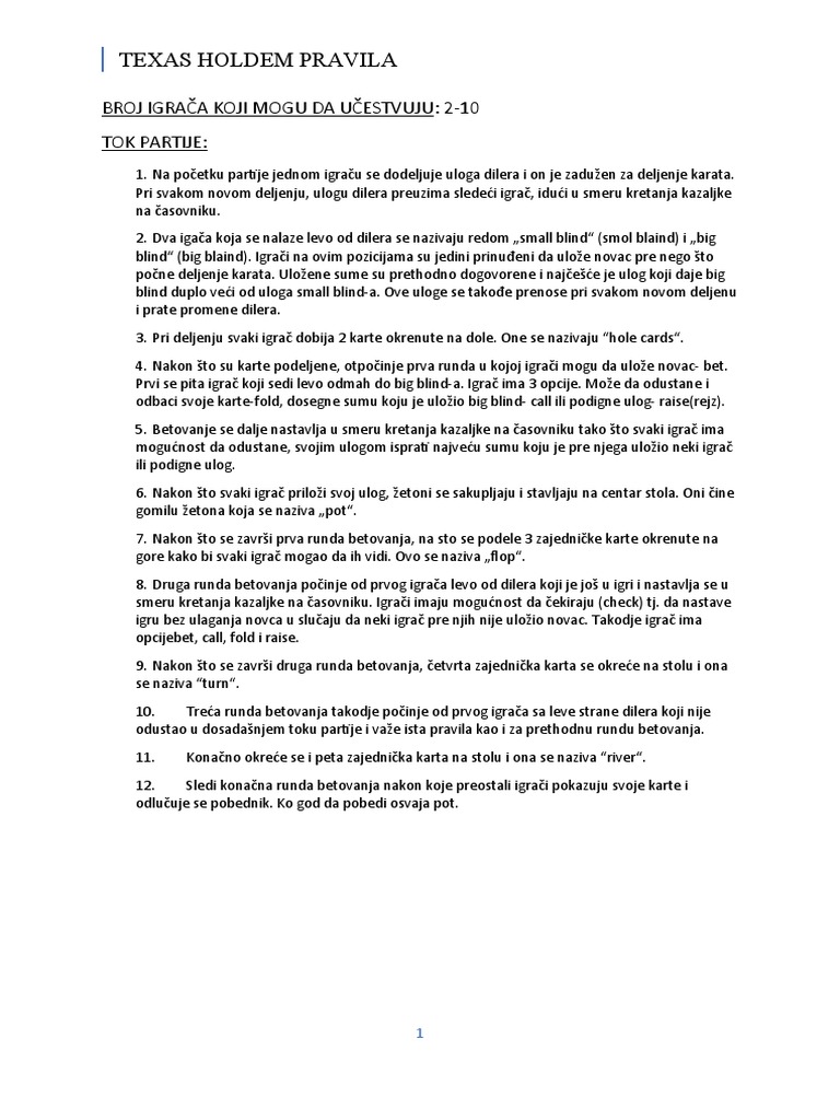 Texsas Holdem Pravila | PDF