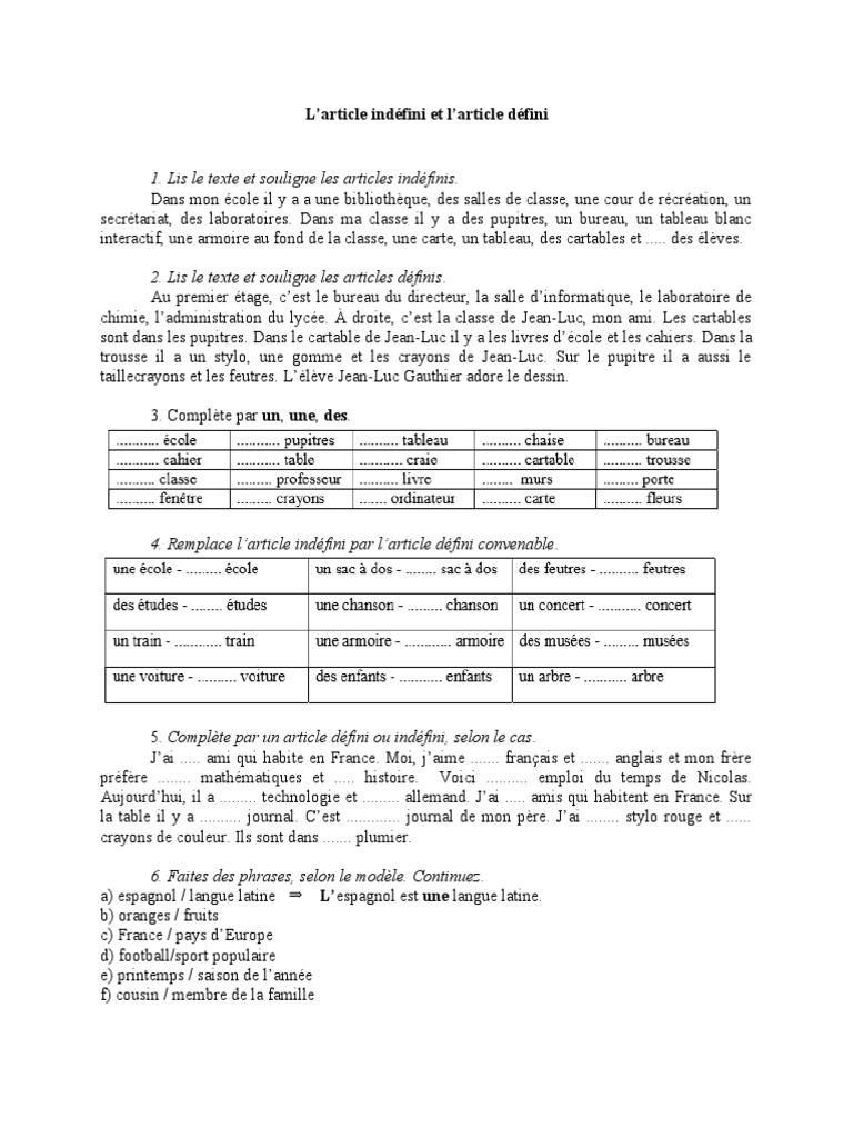 Les Articles Définis Et Indéfinis - Exercices | PDF