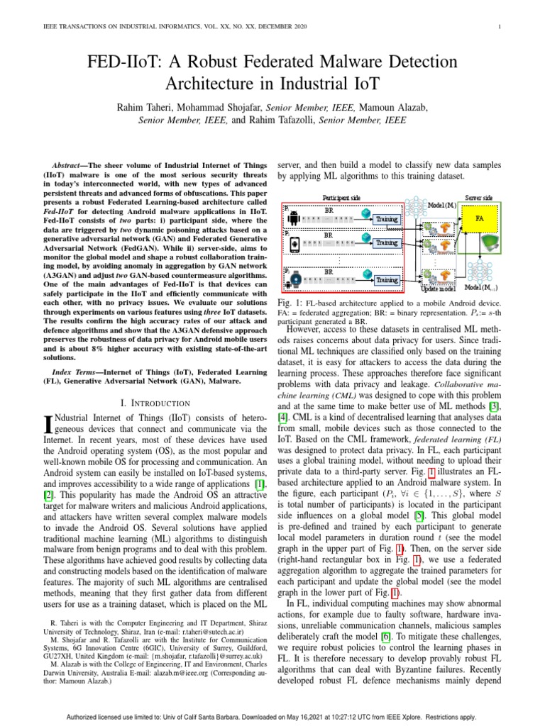 Fed Iiot A Robust Federated Malware Detection Pdf Malware Machine Learning