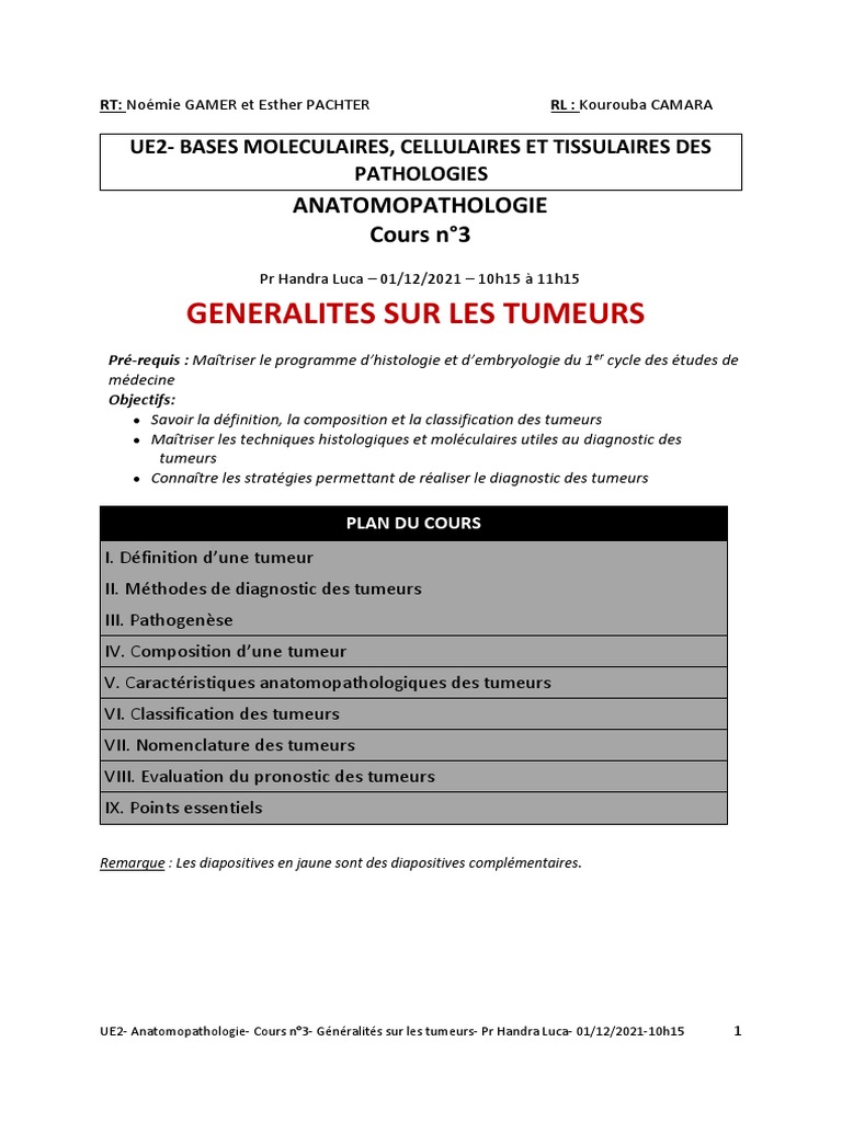 UE2- Anatomopathologie - Cours 3-Généralité sur les tumeurs - Pr Handra ...