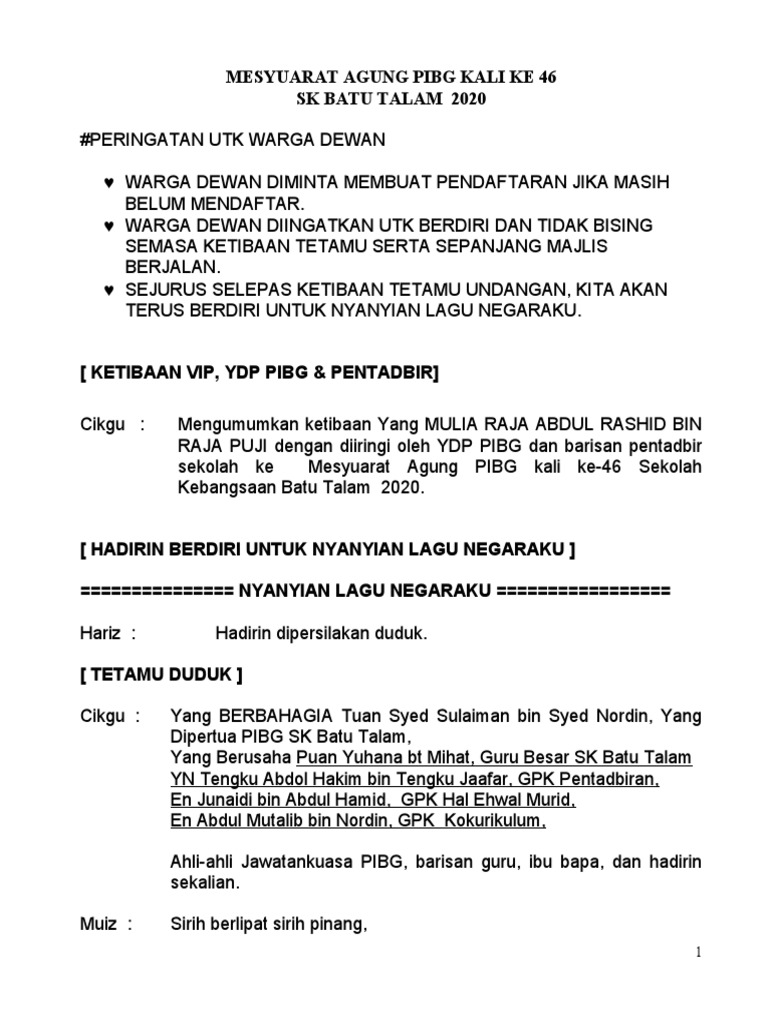 Teks MC MESYUARAT AGUNG PIBG KALI KE 46 | PDF