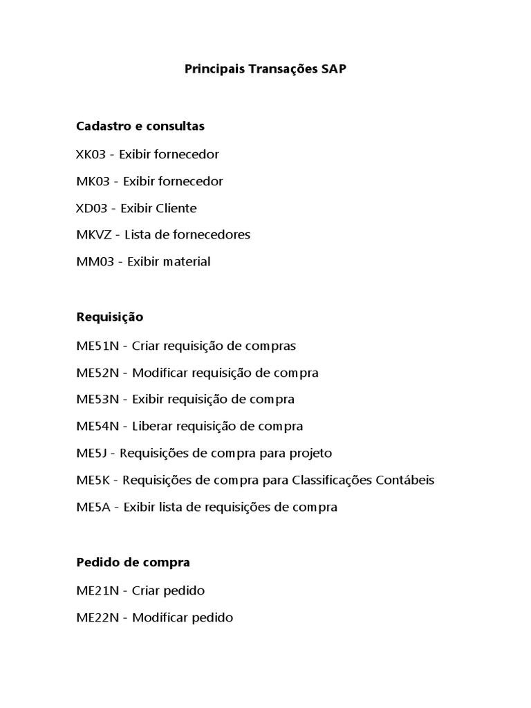 Principais Transações Sap Mm Pdf Indústrias De Serviços Business