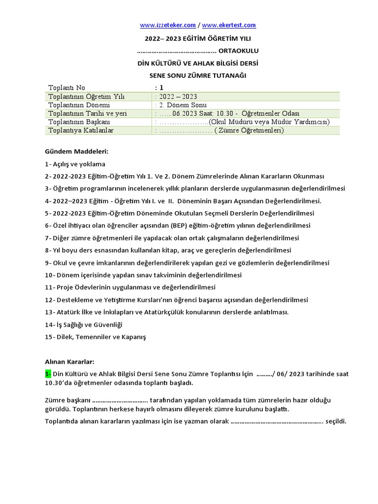 Ortaokul Dkab Ve Secmeli Dersler Sene Sonu Zumre 2022 2023 Izzetekercom | PDF