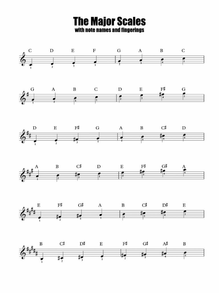 The Major Scales With Note Names and Fingerings | PDF