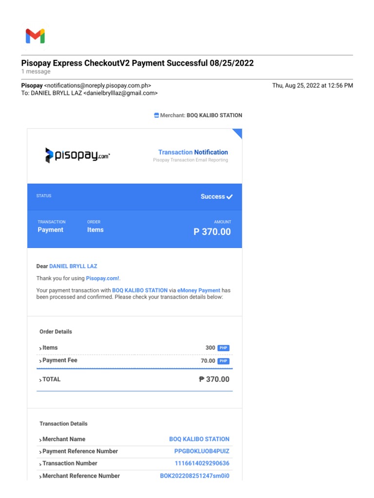 Pisopay Express Checkoutv2 Payment Successful 08/25/2022: 1 Message | PDF