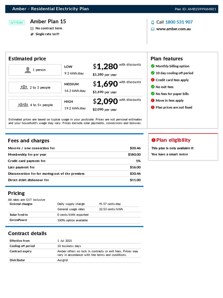 Amber Residential Electricity Plan Details | PDF | Debit Card | Payments