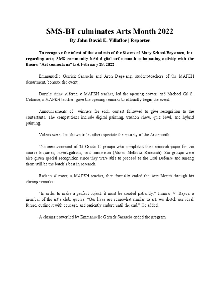 Arts Month Culmination | PDF