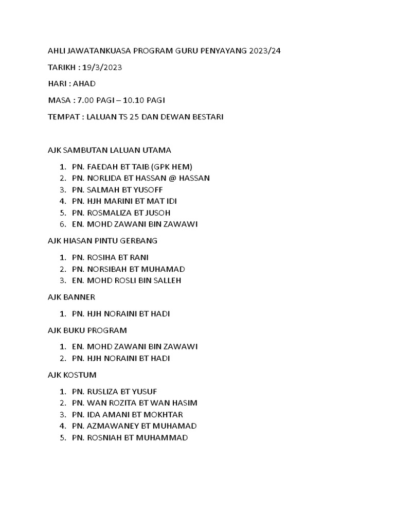 Ahli Jawatankuasa Program Guru Penyayang 2023 | PDF