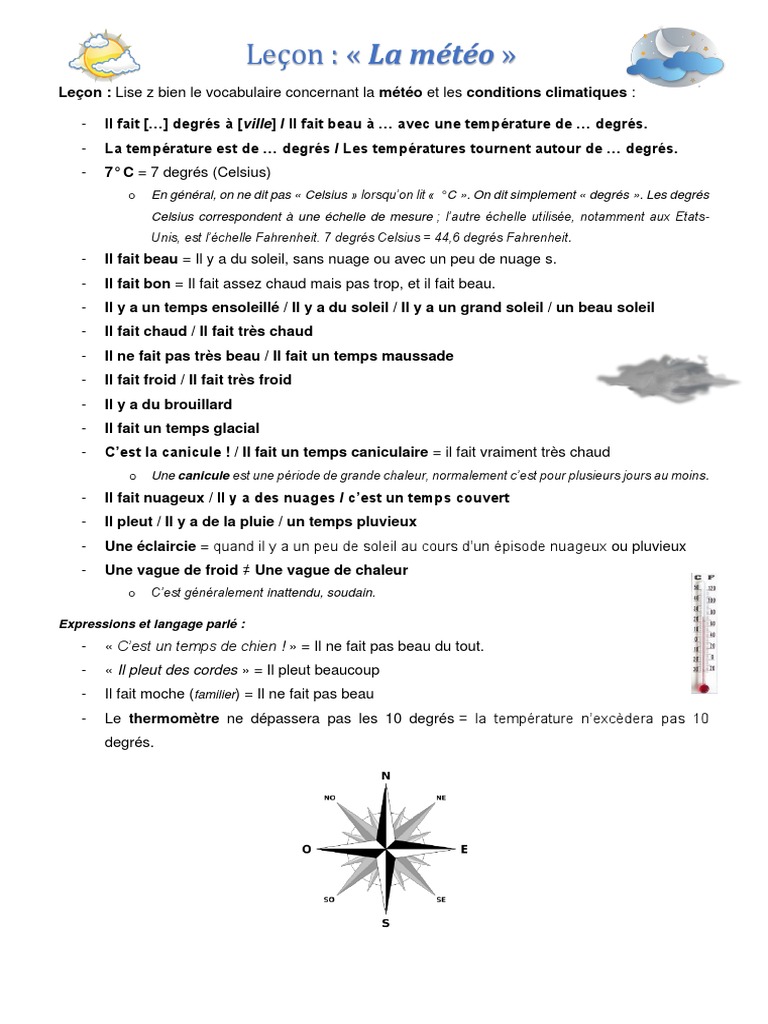 Leçon sur la Météo et Vocabulaire | PDF | Température | Celsius
