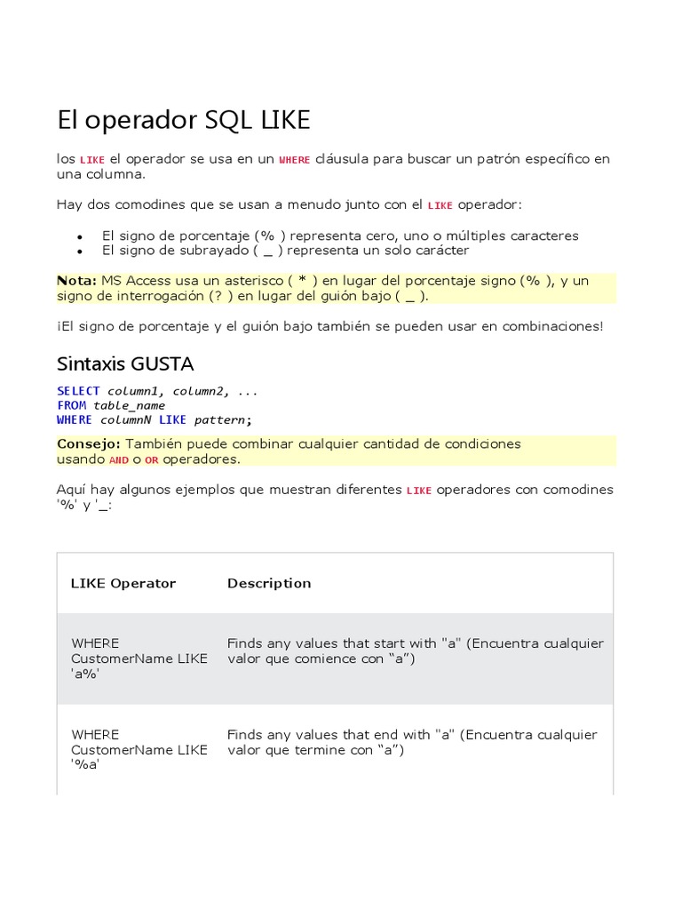 El Operador SQL LIKE | PDF
