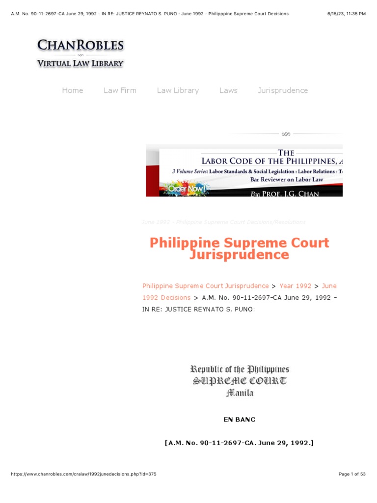 A.M. No. 90-11-2697-CA June 29, 1992 - in RE: JUSTICE REYNATO S. PUNO ...