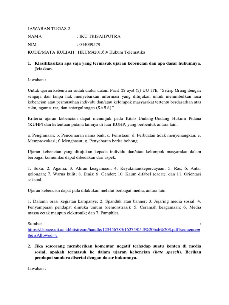 JAWABAN TUGAS 2 Hukum Telematika | PDF