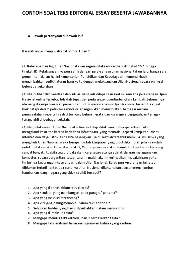 Contoh Soal Teks Editorial Essay Kelas 12 | PDF | Ilmu Sosial