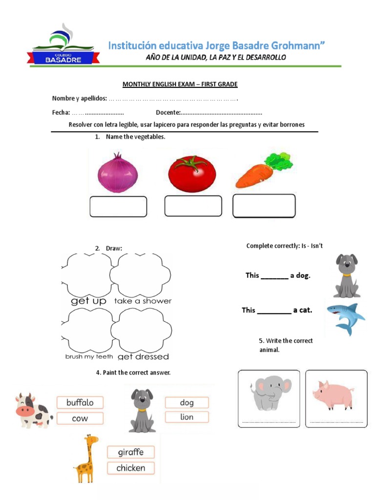 Examen de Ingles - Primer de Primaria | PDF