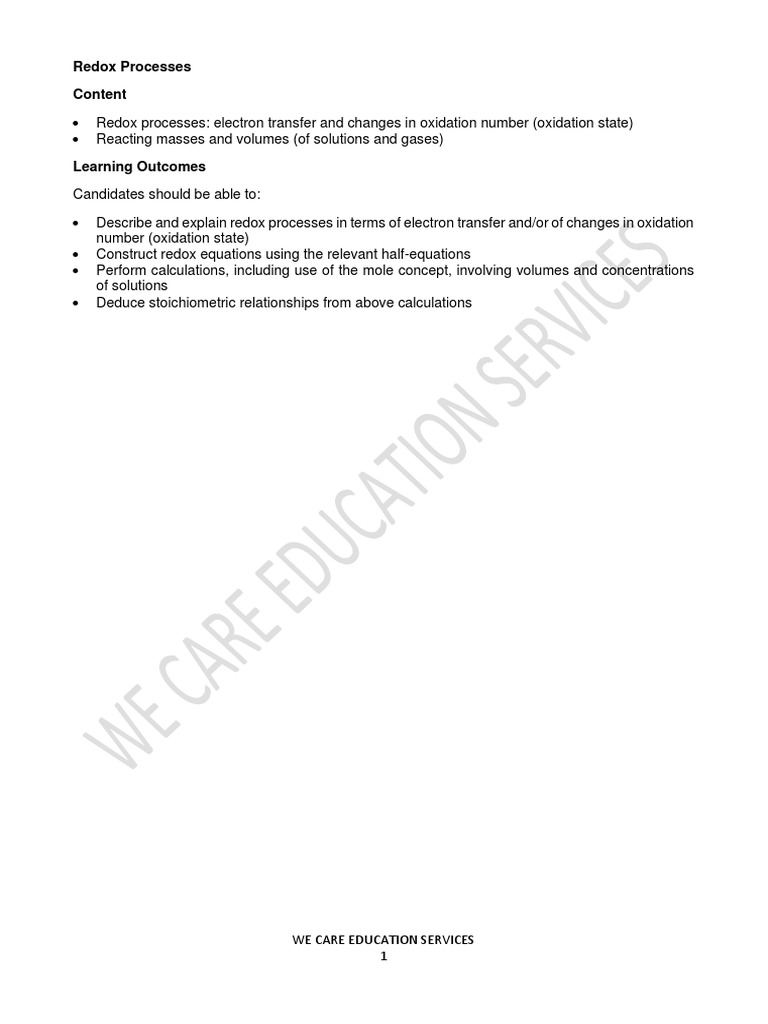 Redox Notes Pdf Redox Chemical Bond