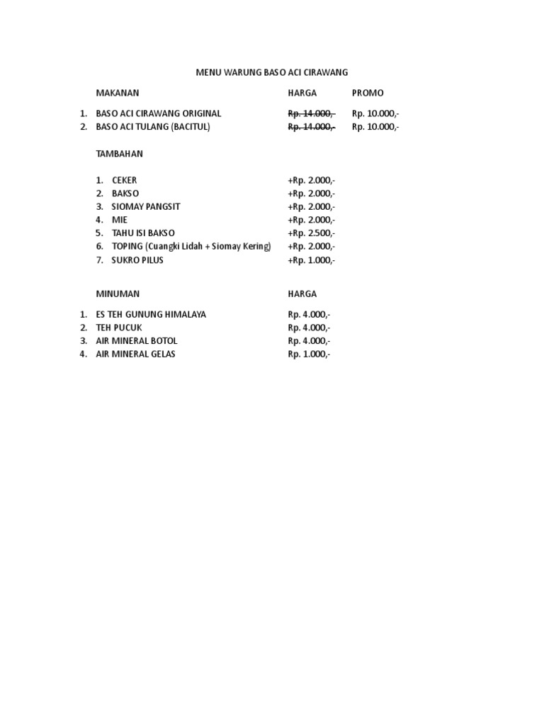 Menu Warung Baso Aci Cirawang | PDF
