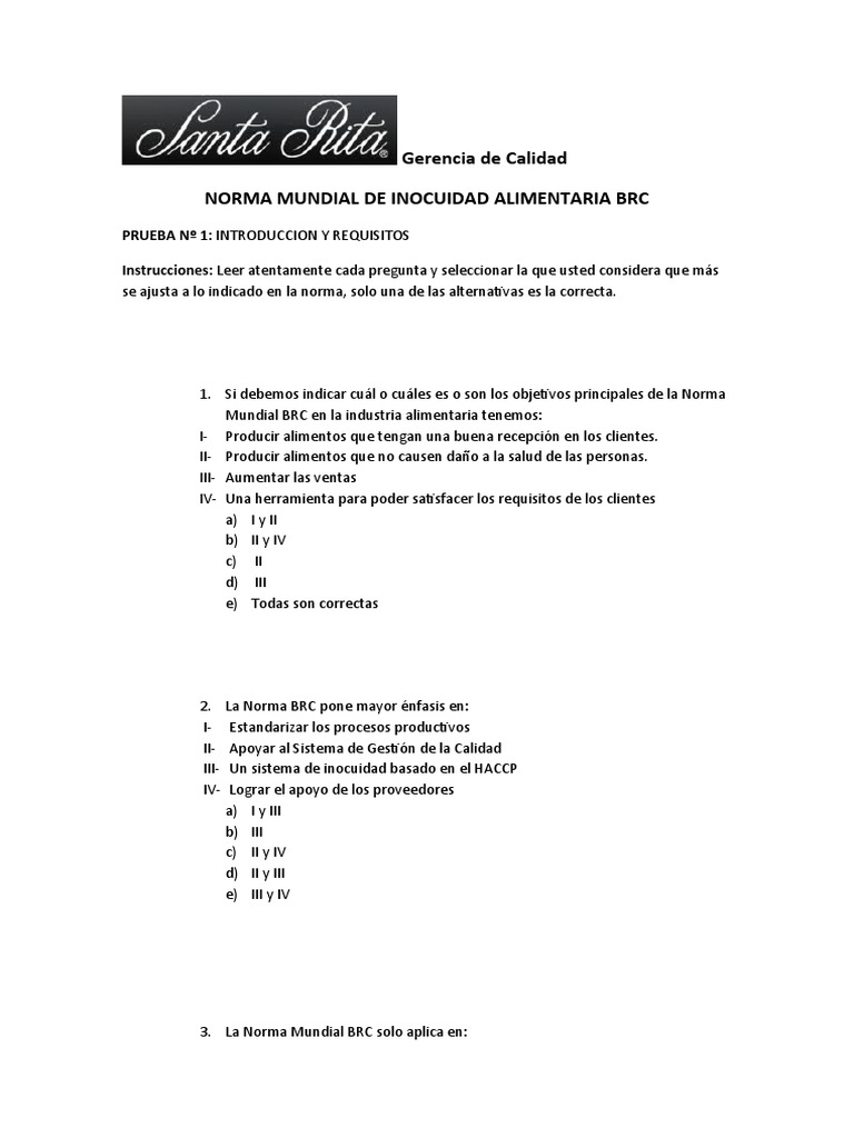 Prueba 1 - Conocimiento Norma Mundial BRC | PDF | Calidad (comercial ...