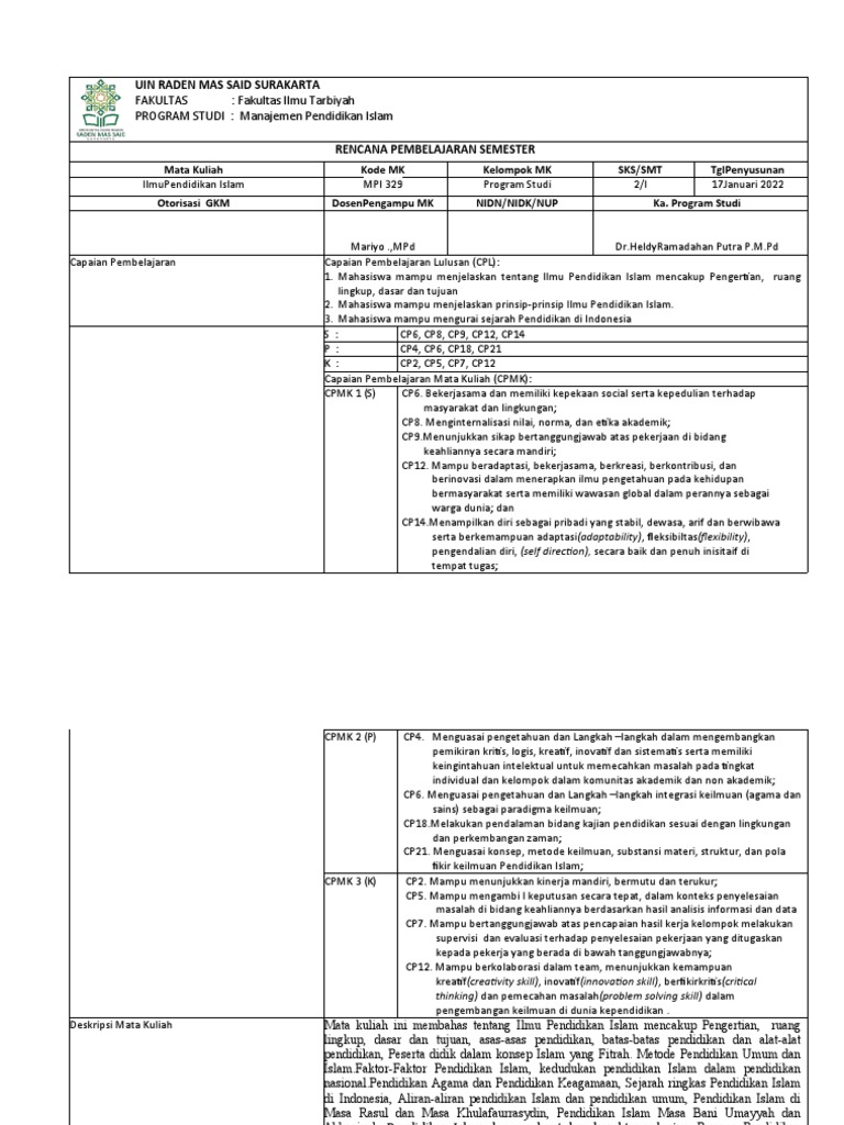 FORMAT RPS ILmu Pendidikan Islam | PDF | Karier & Perkembangan