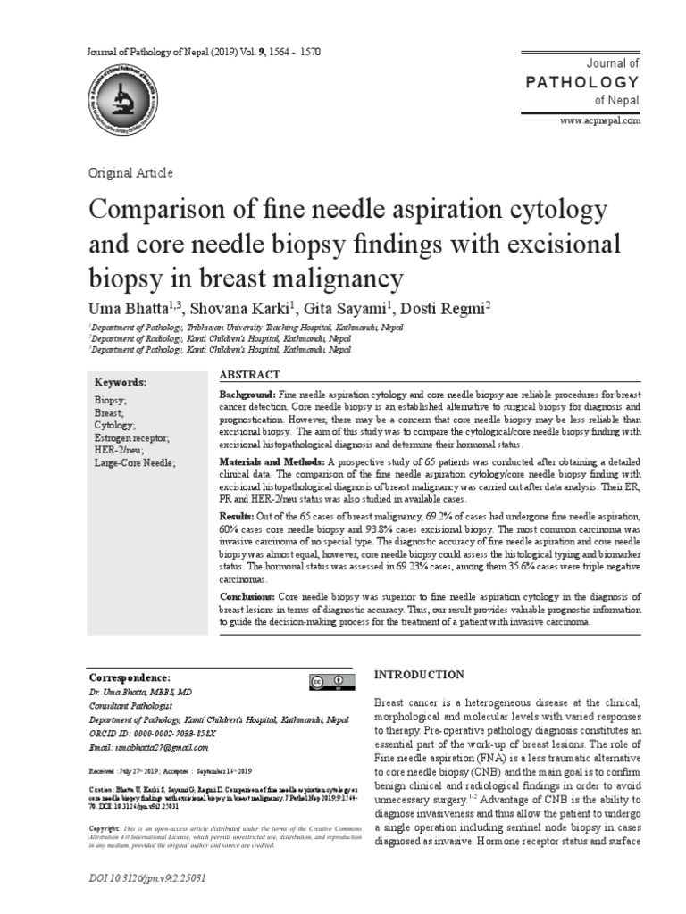 Comparison of Fine Needle Aspiration Cytology and Core Needle Biopsy ...