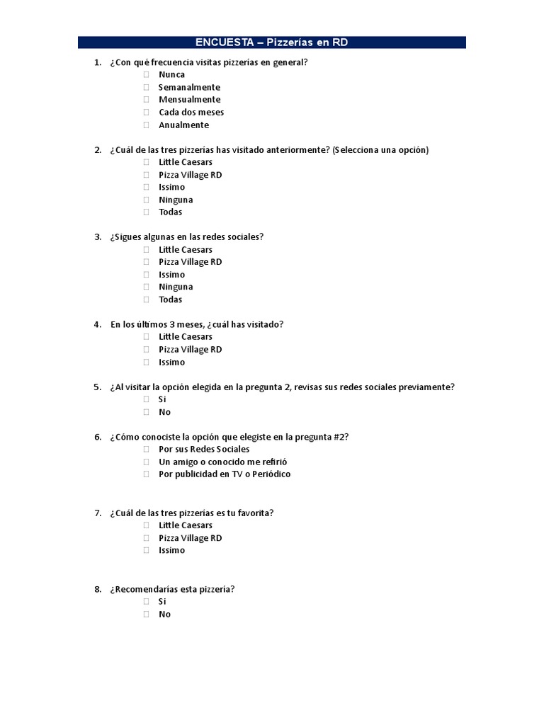 Encuesta de Preferencias en Pizzerías RD | PDF | Cocina, comidas y vino