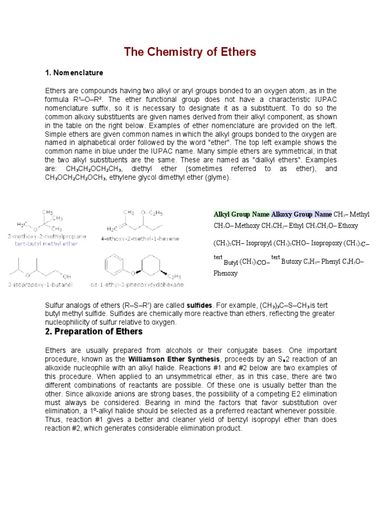 Ethers: Reactions and Nomenclature | PDF | Ether | Chemical Reactions
