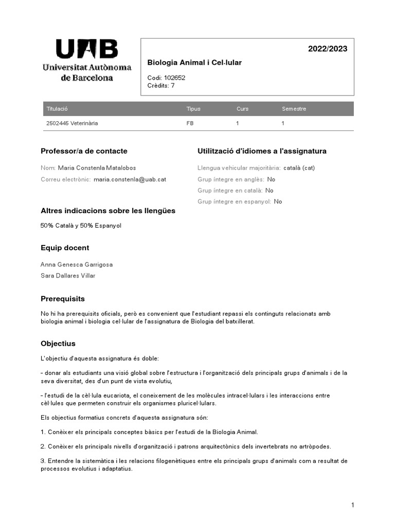Biología Animal I Cel Lular | PDF