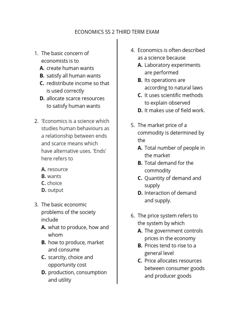 Econs SS 2 Third Term Exam | PDF | Economics | Supply (Economics)