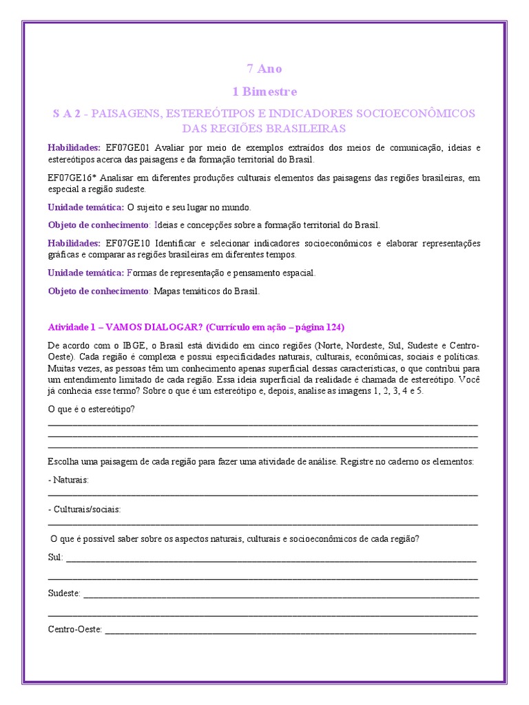 Atividades Caderno Do Aluno - 1 B 7 Ano SA2 | PDF