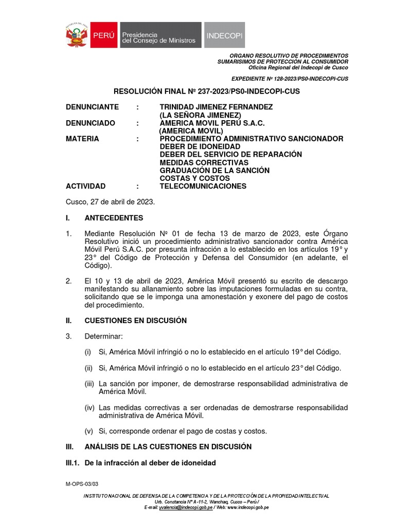 Resolución Final #237-2023 Ps0-Indecopi-Cus | Descargar gratis PDF ...