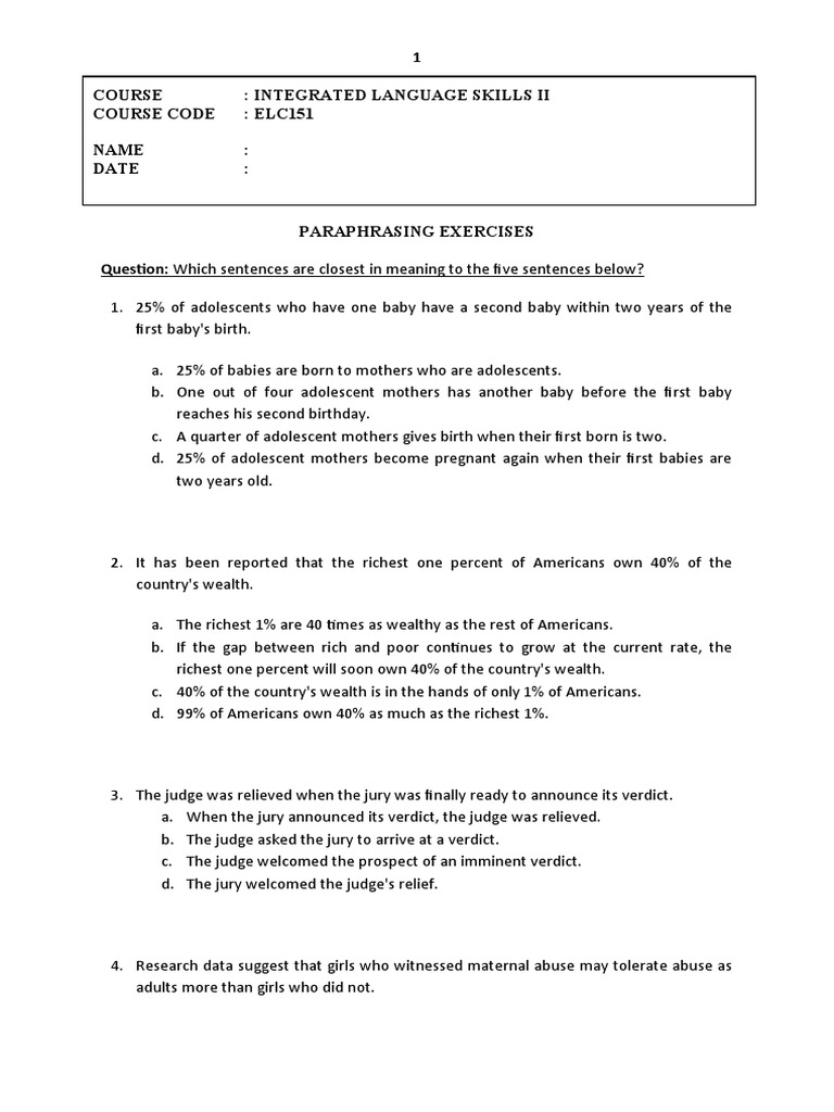 Elc151 W6 - Paraphrasing Exercises | PDF