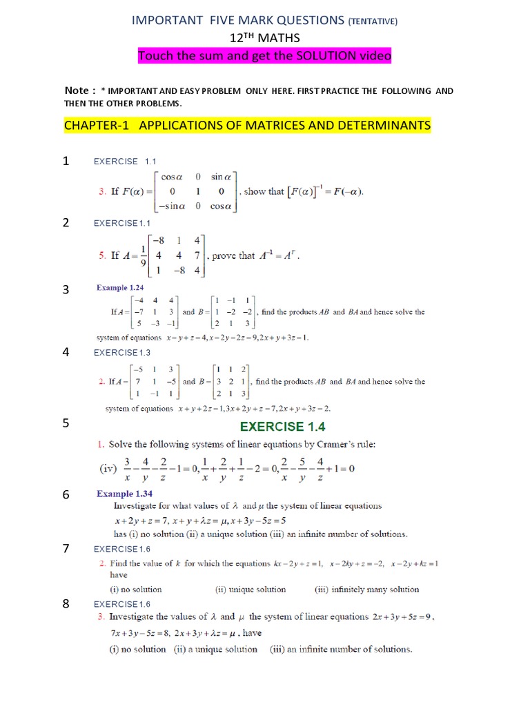 12th Chap 1-12 IMPORTANT FIVE MARK QUESTIONS | PDF | Sphere | Mathematics