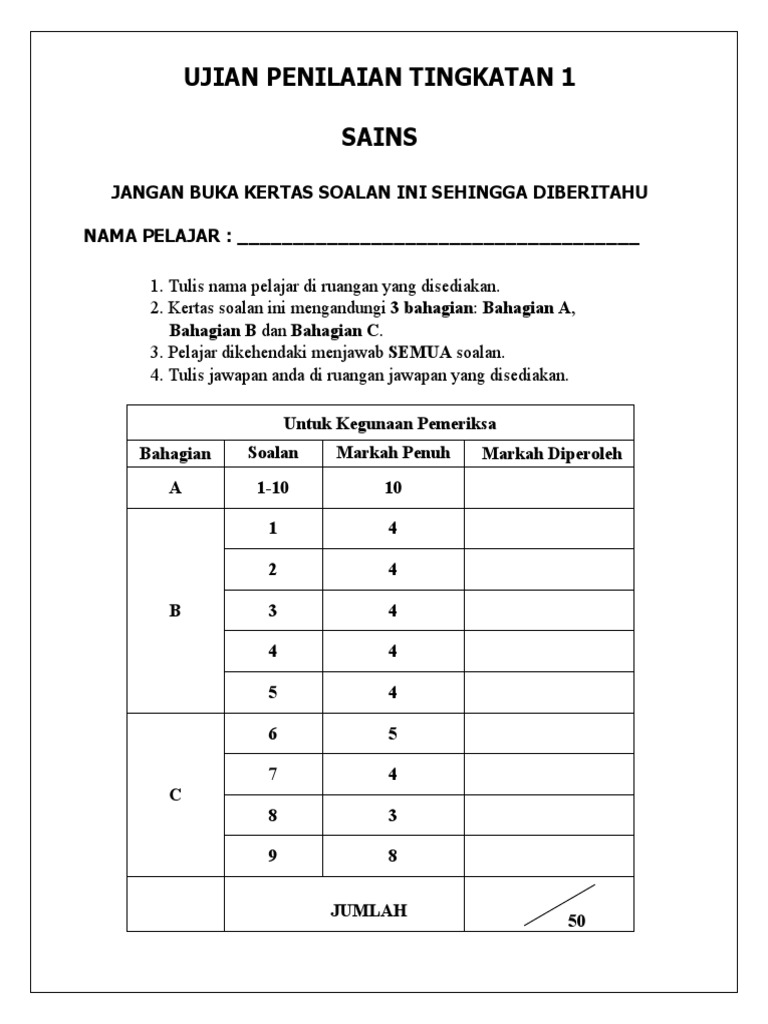 Penilaian Sains Tingkatan 1 | PDF
