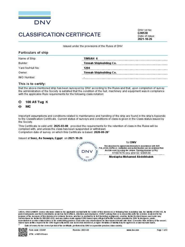 CSHIP Classification Certificate - T6 | PDF | Common Law | Private Law