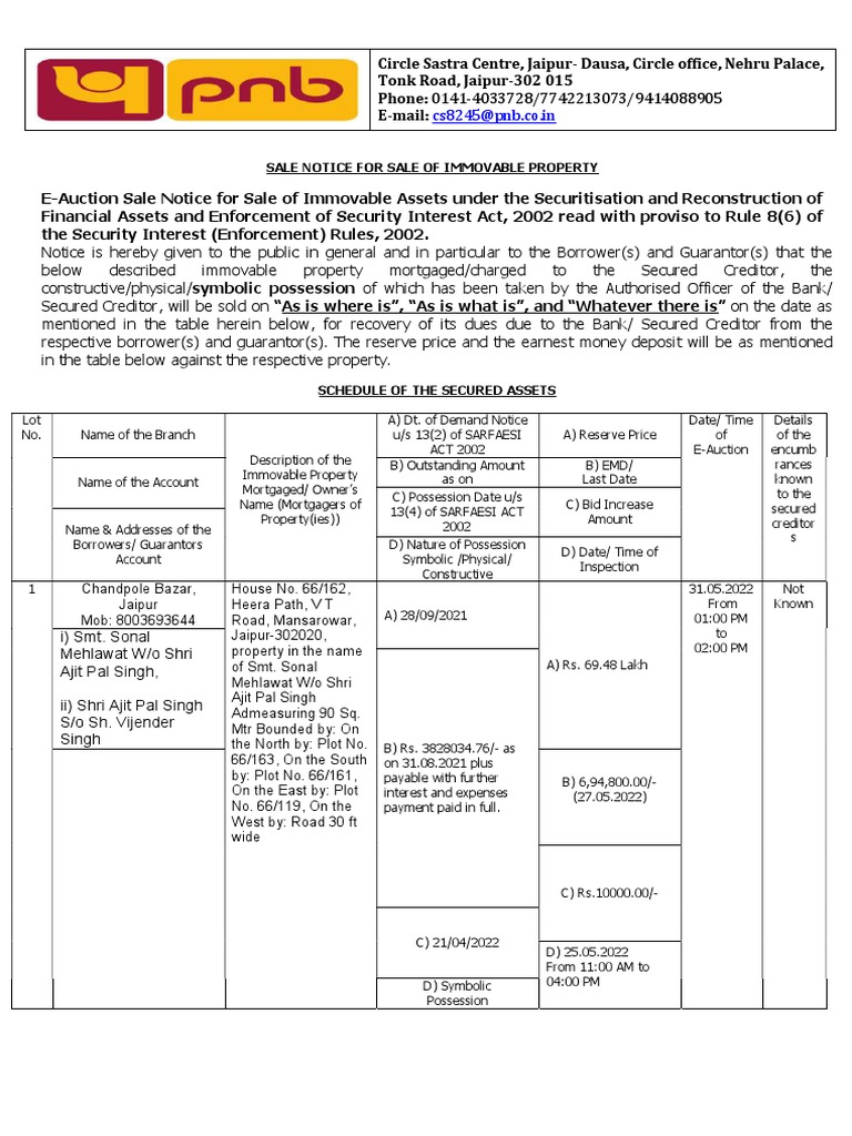 SALE NOTICE SONAL MEHLAWAT AND AJIT PAL SINGH 31.05.2022 Compressed | PDF | Banks | Auction
