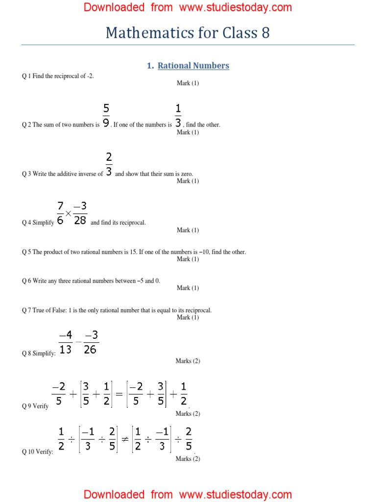 CBSE Class 8 Mathematics Worksheet - Rational Numbers | PDF ...