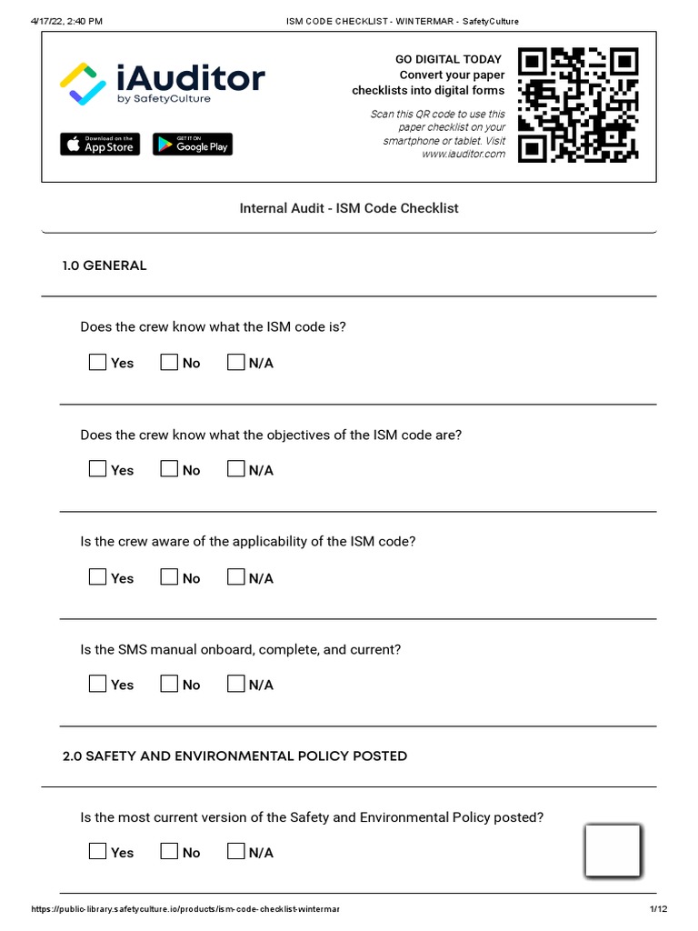 Ism Code Checklist - Wintermar - Safetyculture | PDF