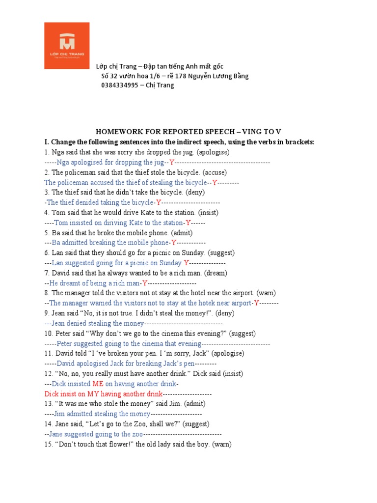 HOMEWORK FOR REPORTED SPEECH (1) Bài CH A | PDF