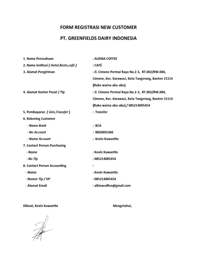 Form Registrasi Customer PT Gdi DN - Inv | PDF