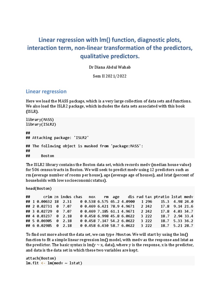 Linear Regression With LM Function, Diagnostic Plots, Interaction Term, Non-Linear ...